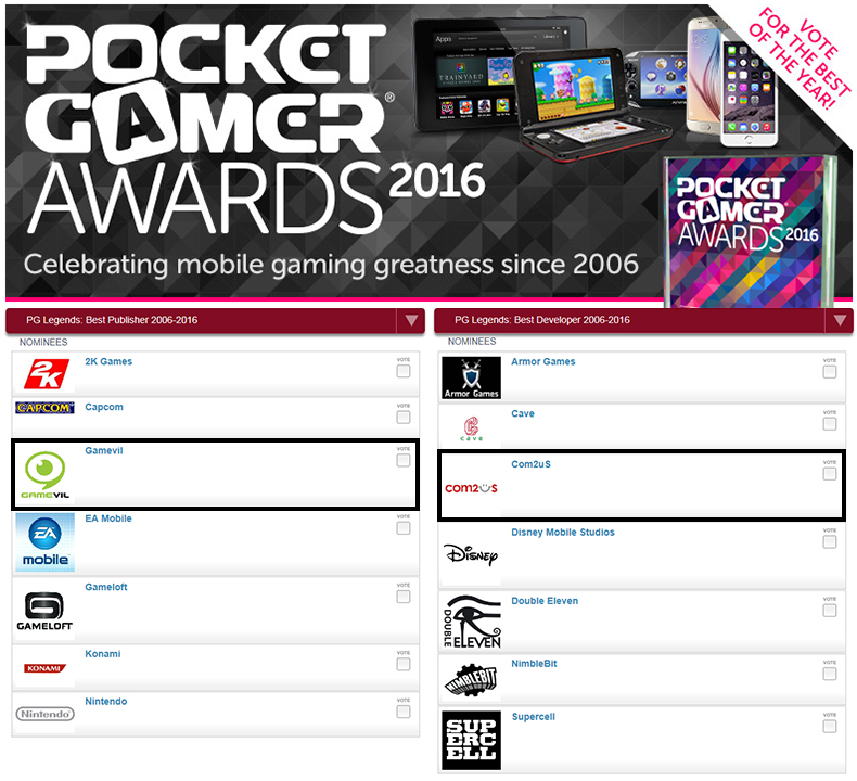 GAMEVIL/Com2us nominated in the Pocket Gamer Awards 2016 - The Reimaru Files
